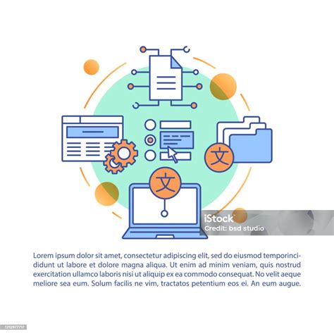 소프트웨어 문서 페이지 벡터 템플릿을 번역하는 외국 텍스트 브로셔 잡지 선형 아이콘과 텍스트 상자소책자 디자인 요소 인쇄 디자인