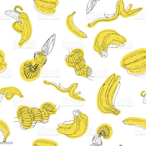 손으로 그린 매끄러운 패턴과 바나나 벡터 일러스트레이션 흰색 배경에 격리 과일에 대한 스톡 벡터 아트 및 기타 이미지 과일 껍질 벗긴 나뭇가지 Istock
