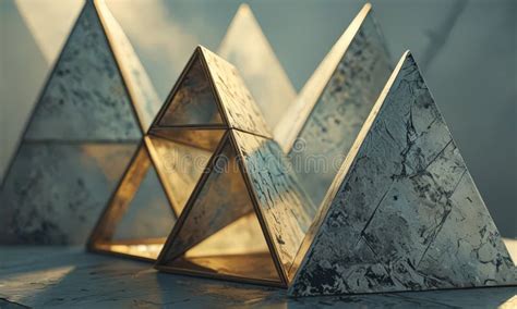 Collection Three Triangular Sculptures Each With Unique Design Is Arranged On Blue Surface