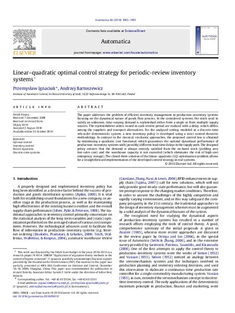 Pdf Linear Quadratic Optimal Control Strategy For Periodic Review