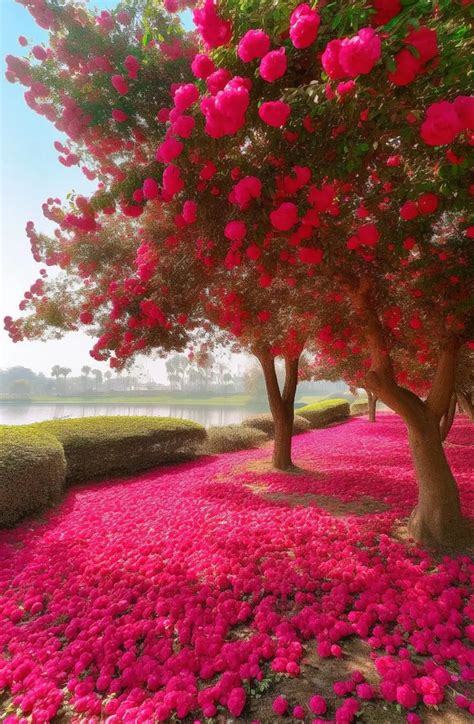 Pink Flowers Blooming Next To Trees