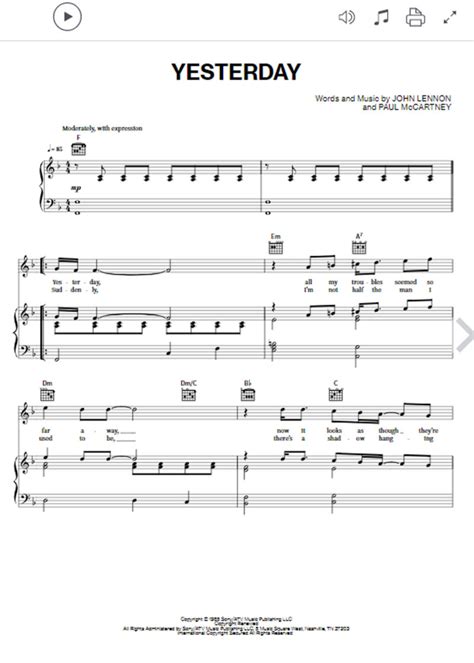 Yesterday - The Beatles: Einfache Noten für Klavier (PDF)