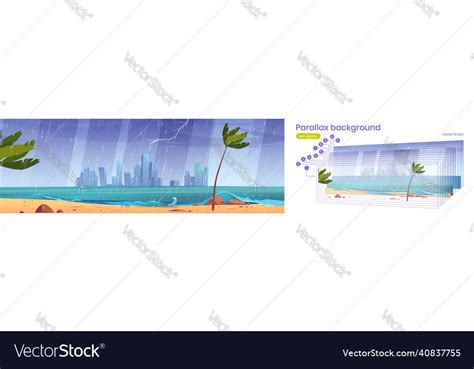 Parallax Background With Sea Beach In Rain Vector Image