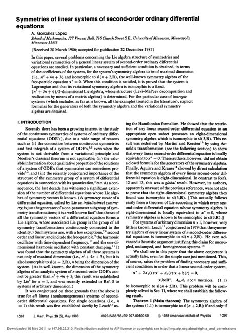 Pdf Symmetries Of Linear Systems Of 2nd Order Ordinary Differential Equations