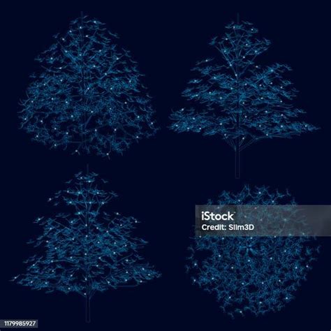 밝은 조명이 있는 어두운 배경에 파란색 선으로 된 나무의 윤곽을 설정합니다 벡터 그림입니다 12월에 대한 스톡 벡터 아트 및 기타 이미지 Istock
