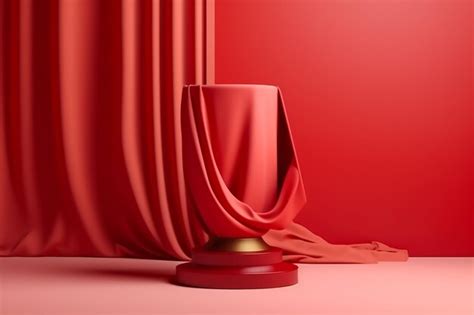 빨간 커튼과 꽃병이 있는 빨간 벽 프리미엄 사진