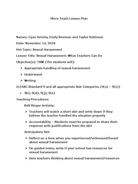Micro Teach Lesson Plan Pdf Lesson Plan Sexual Harassment