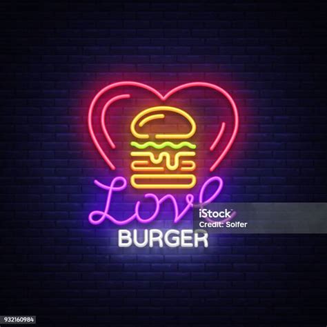 햄버거 로고 벡터입니다 사랑 하는 햄버거 디자인 서식 파일 빛 엠 블 렘 햄버거 거리 음식 네온 사인 라이트 배너 네온 밤 패스트 푸드 광고 빌보드 디자인 요소 샌드위치