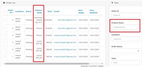 OpenCart Order List Product Filter OpenCart Order List Product Filter