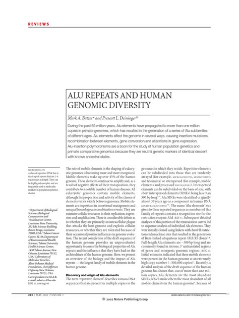 Batzer 2002 Alu Repeats And Human Genomic Diversity Nature Publishing