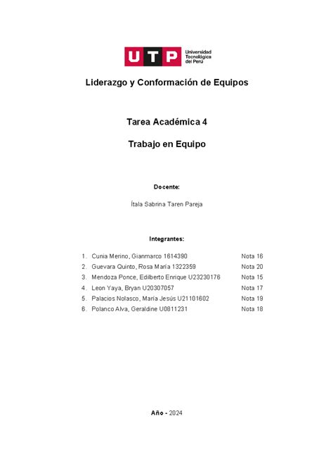 Grupo 6 Ta4 Trabajo Liderazgo Y Conformación De Equipos Tarea Académica 4 Trabajo En Equipo