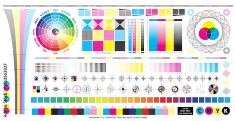 Set Illustration Of Cmyk Print Test Calibration Chart For Ctp Printing With Micro Printing Test