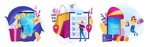 온라인 쇼핑 삽화 세트 행복한 사람들은 시장에서 인터넷 스마트폰 응용 프로그램을 쇼핑합니다 프리미엄 벡터