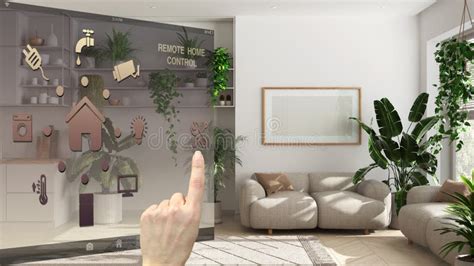 Smart Home Control Concept Hand Controlling Digital Interface From Mobile App Wooden Kitchen