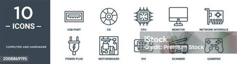 컴퓨터 및 하드웨어 개요 아이콘 세트에는 얇은 라인 Usb 포트 Cd Cpu 모니터 네트워크 인터페이스 카드 전원 플러그 보고서 프리젠 테이션 다이어그램 웹 디자인 용 마더