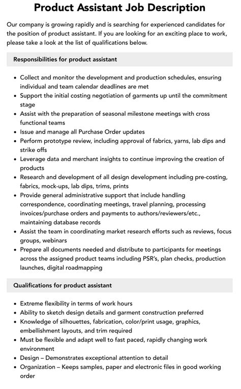 Product Assistant Job Description Velvet Jobs