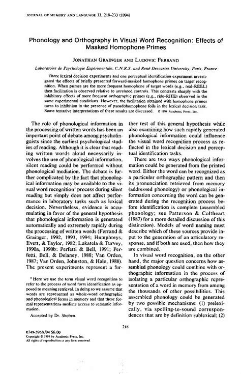 Pdf Phonology And Orthography In Visual Word Recognition Effects Of