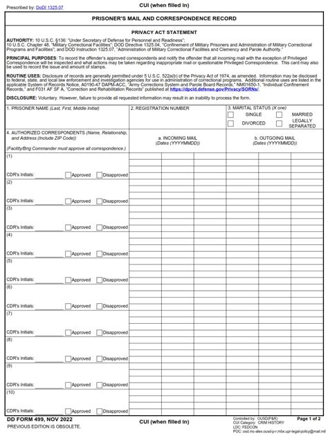 Dd Form 499 Prisoners Mail And Correspondence Record Dd Forms