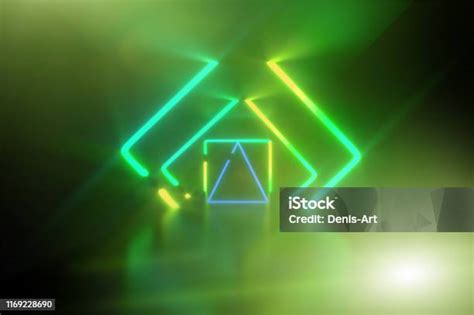 미래 공상 과학 소설 아름다운 현대 네온 빛나는 사각형 프레임 모양의 선 은 어두운 빈 그런지 콘크리트 방 배경 3d 렌더링에 색칠 된 빛 0명에 대한 스톡 사진 및 기타