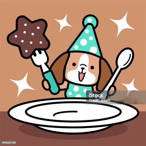 파티 모자를 쓴 귀여운 개는 숟가락과 포크를 들고 큰 빈 접시 옆에 앉아 있습니다 개에 대한 스톡 벡터 아트 및 기타 이미지