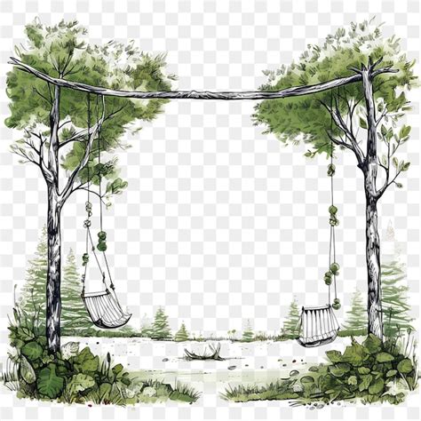 Premium Psd Psd Sketch Style Square Frame With Trees Hammocks And Swing Deco 2d Frame Design