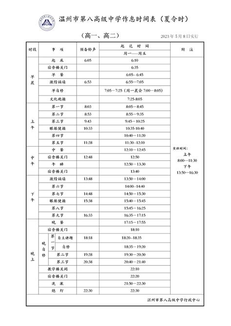 温州市第八高级中学 内网阅读 温州八高高一、高二夏令作息时间表(20235夏令时) 温州市第八高级中学 内网阅读 温州八高高一、高二夏令作息时间表(20235夏令时)