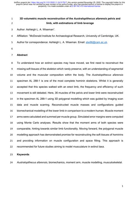 Pdf 3d Volumetric Muscle Reconstruction Of The Australopithecus Afarensis Pelvis And Limb