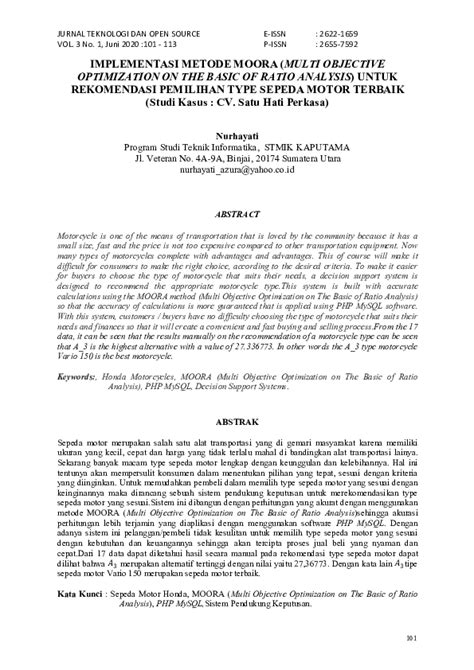 Pdf Implementasi Metode Moora Multi Objective Optimization On The Basic Of Ratio Analysis
