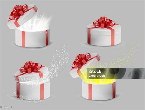 골드 리본과 리본위에 리본을 얹은 컬렉션 기프트 화이트 박스 휴일 내부에 반짝반짝 빛나는 선물 라운드 박스와 밝은 빛의 광선 새해와 크리스마스 디자인 벡터 그림입니다 공란에
