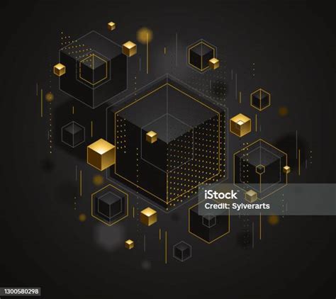 큐브는 황금 요소 라인과 점 벡터 추상적 배경 3d 추상 Vip 럭셔리 스타일 보석 고급 우아한 기하학적 디자인 빛나는 골드클러스터 3차원 형태에 대한 스톡 벡터 아트 및