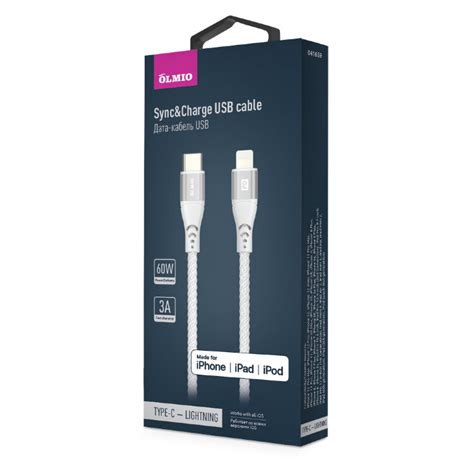 Кабель Type C Lightning Olmio Mfi Pd текстильная оплетка 1 2 метра белый