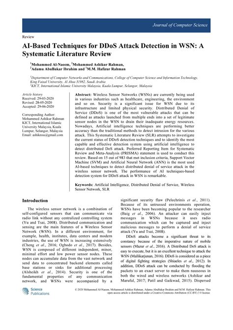 Pdf Ai Based Techniques For Ddos Attack Detection In Wsn A Systematic Literature Review