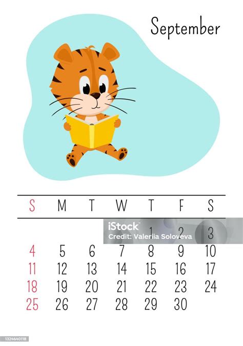 만화 중국어 연도 기호와 함께 2022 년 9 월 수직 벽 달력 페이지 템플릿 주는 일요일에 시작됩니다 호랑이는 책을 읽습니다 2022년에 대한 스톡 벡터 아트 및 기타