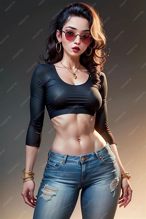 Premium Ai Image Sexy Flat Model Girl Wearing Brown Sunglasses And Jeans Beautiful Young
