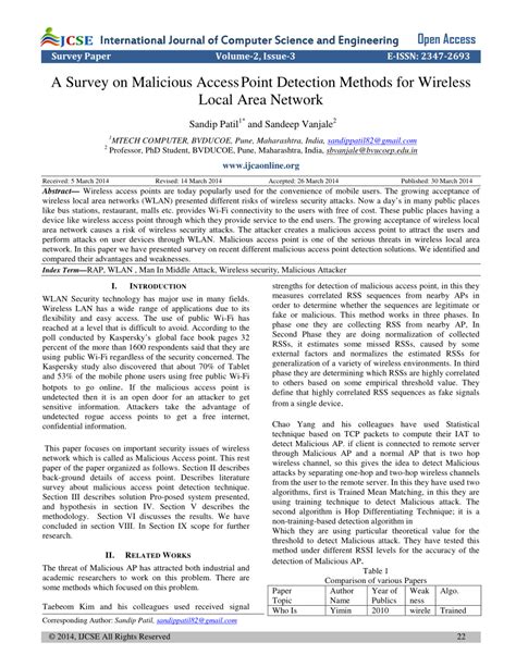 Pdf A Survey On Malicious Access Point Detection Methods For Wireless Local Area Network