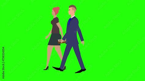 Animation With Man And Women Character Walking Side View Seamless Loop On Green Screen Chroma