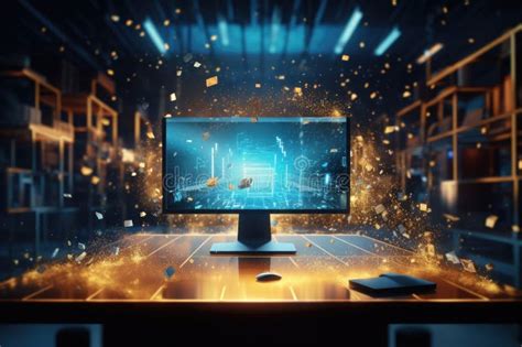 Computer Screen With Abstract Glowing Background Technology Concept Stock Illustration