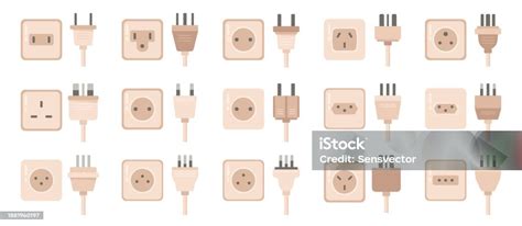 다른 플러그가 있는 전원 소켓 가전 제품용 절연 전기 커넥터 벡터 변경 장비 Ac 및 에너지 공급 가정 또는 사무실 건물 벽을 위한 다중 전기 포트 전기 플러그에 대한 스톡