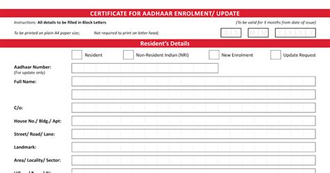 Certificate For Aadhaar Enrolment Update Form Supporting Document