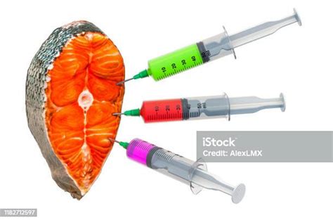 화학 물질의 전체 주사기와 원시 붉은 물고기 유전자 식품 수정 개념 흰색 배경에서 격리된 3d 렌더링 Dna에 대한 스톡 사진 및 기타 이미지 Istock