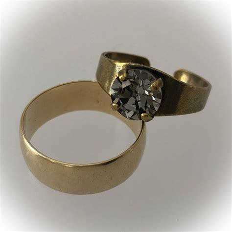 Antique Brass Plated Ring Swarovski Black Diamond Bohemia Design