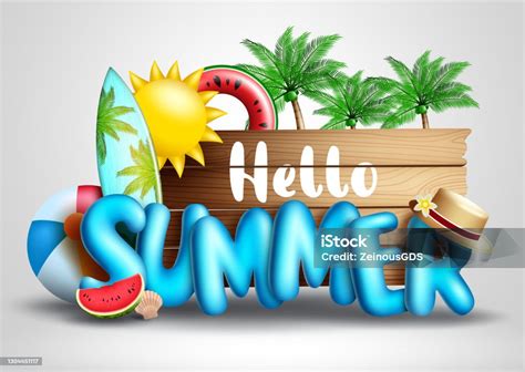 안녕하세요 여름 벡터 컨셉 디자인 재미 야외 휴가 야자수 서핑 보드와 플로터 같은 요소와 열대 시즌 배경안녕하세요 여름 텍스트 3차원 형태에 대한 스톡 벡터 아트 및 기타
