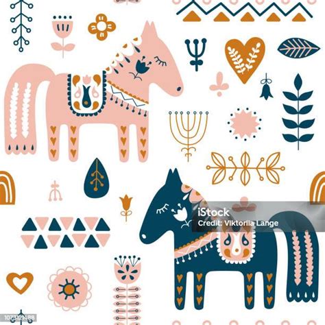 손으로 그린된 원활한 민속 예술 패턴입니다 노르딕 반복 패턴 달라 말과 숲 꽃 요소입니다 벡터 일러스트입니다 말에 대한 스톡