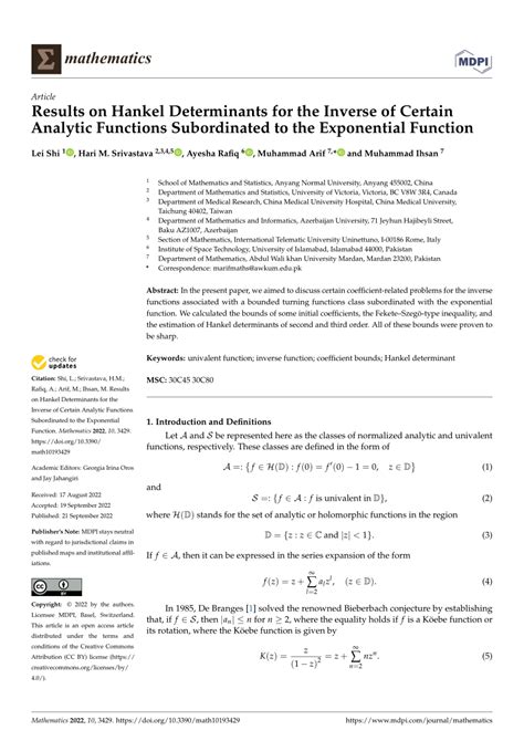 Pdf Results On Hankel Determinants For The Inverse Of Certain Analytic Functions Subordinated