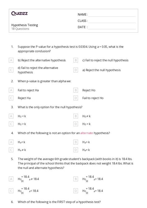 50 Hypothesis Testing Worksheets On Quizizz Free And Printable