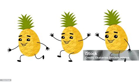다른 포즈에 귀여운 재미 캐릭터 파인애플 캐릭터 과일 실행 춤 그의 손을 흔들며 과일에 대한 스톡 벡터 아트 및 기타 이미지