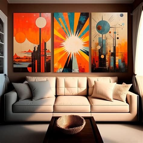 Conjunto De 4 Cuadros Boho De Pintura Abstracta Del Sol Y La Luna