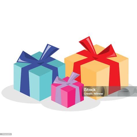 리본 흰색 배경에 격리 활 세트와 선물 상자의 벡터 그림입니다 놀라움 상품 크리스마스 쇼핑 크리스마스 생일 휴일 개념입니다 벡터 일러스트 플랫 만화 스타일 디자인입니다