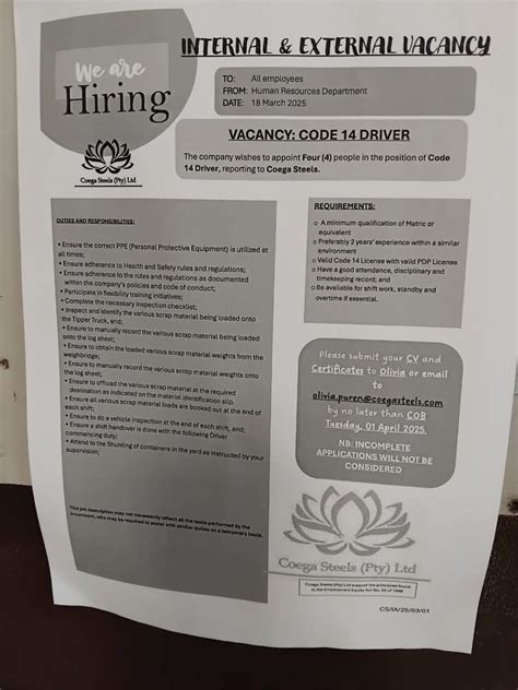 Vacancies Vacancy Code 14 Driver The Company Wishes To Appoint Four