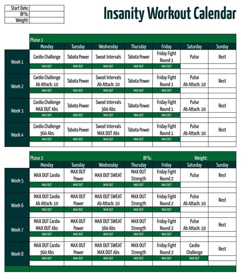 Printable Insanity Workout Calendar